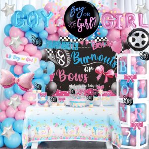 fiesec burnouts or bows gender reveal decorations, baby boy or girl gender reveal party decorations, what will the baby be backdrop balloon banner tablecloth cake cupcake topper box sash pink blue