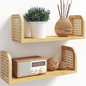 lupwneka rattan shelf set of 2, cute nursery shelves wall mounted, natural hanging bookshelf storage, boho decorative floating shelves for kids room, living room, play room, bedroom, home decor