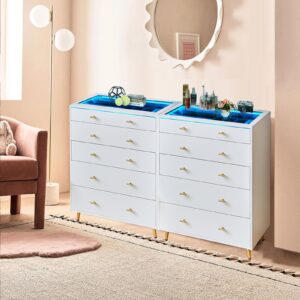 JanflyHome 5 Drawer Dresser for Bedroom Tall, Glass Dresser with 20 Colors LED Lights, Wardrobe Closet Island as Jewelry Organize, Jewelry Dresser Display, White