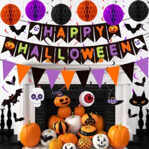 happy halloween banner 26pcs halloween party decorations paper triangle flag bunting honeycomb ball hanging swirl streamers bats stickers wall decor diy indoor outdoor home decor