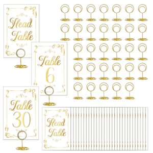 zhouboat 31 sets gold white table number cards with holders, 1-30 and head table holder wedding table numbers stand place card for restaurants party centerpieces