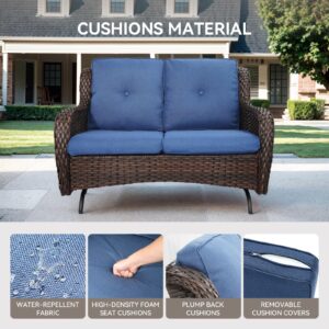 Bellefurn Patio Loveseat Wicker Loveseat Rattan Glider Sofa with Curved Armrest Thicking Back & Seat Cushions for Garden Balcony Backyard Brown Wicker|Blue Cushions (A) Patio Loveseat Glider