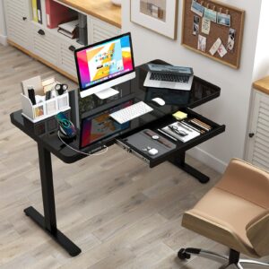 Giantex Glass Standing Desk with Drawer, 48" x 24" Height Adjustable Electric Stand Up Desk with Tempered Glass Top, 2 Memory Positions & USB Type-C Outlets, Sit Stand Desk for Home Office, Black