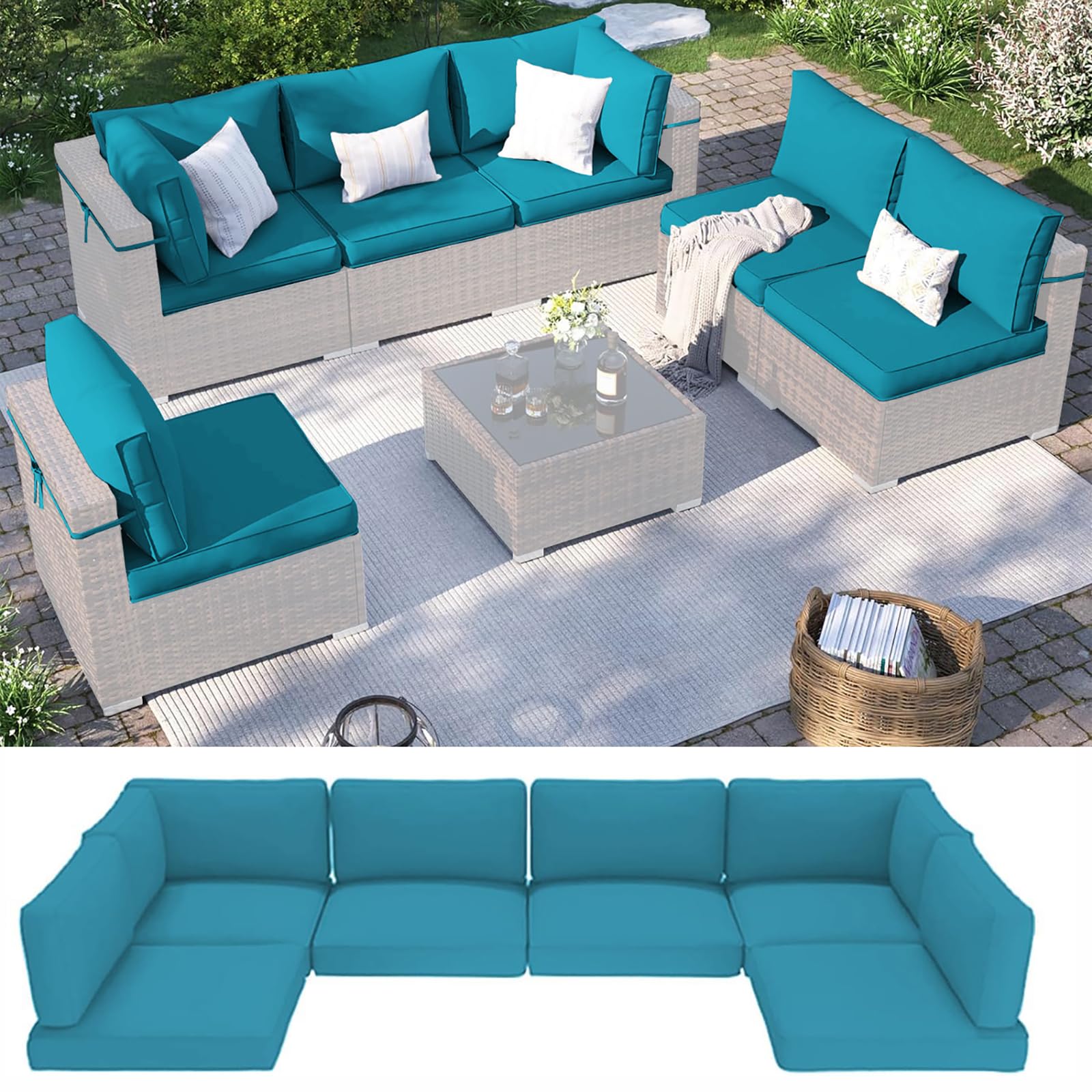 VKETU Outdoor Sectional Cushions, 14-Piece Sectional Rattan Conversation Set, 4" Deep Waterproof Patio Furniture Cushions Replacement for 6-Seat Sectional Patio Conversation Sets (Lake Blue)