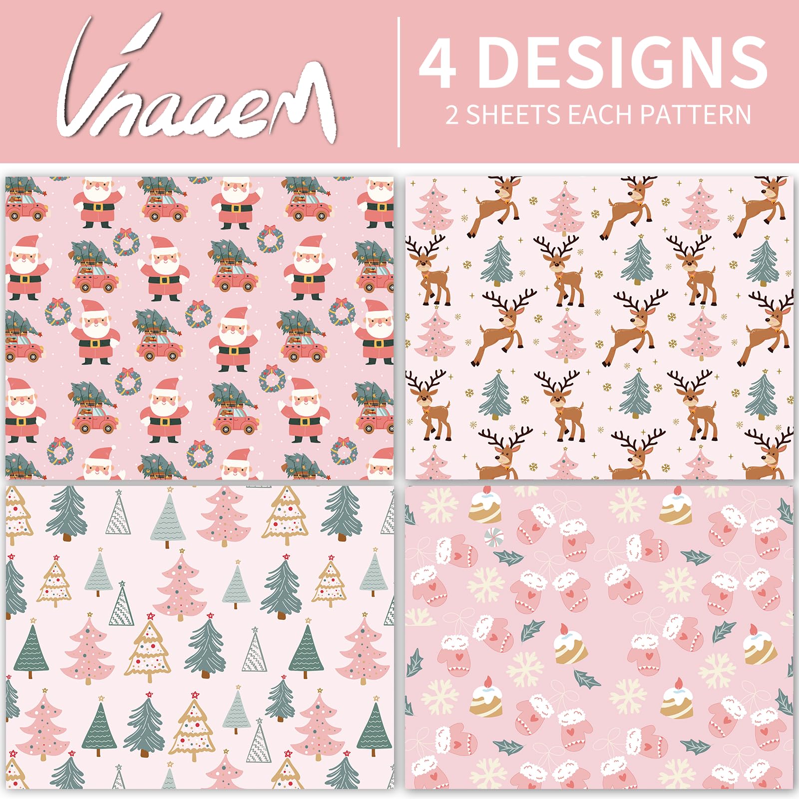 Vnaaem Pink Christmas Wrapping Paper for Boys Girls Kids - Cute Xmas Gift Wrap With Santa Christmas Tree Reindeer Design for Christmas Holiday Party Celebration - 20 X 28Inches Per Sheet(8 Pack)