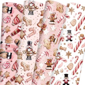 vnaaem pink christmas wrapping paper with 4 nutcracker gingerbread design for christmas holiday party celebration - 20 x 28inches per sheet(8 pack)