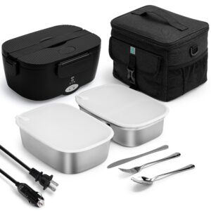 stn electric lunch box 80w heated lunchbox for adults,12/24/110v warming lunchbox for car/truck/office with 2x1.5l stainless steel containers,10l insulated bags,big cutlery set