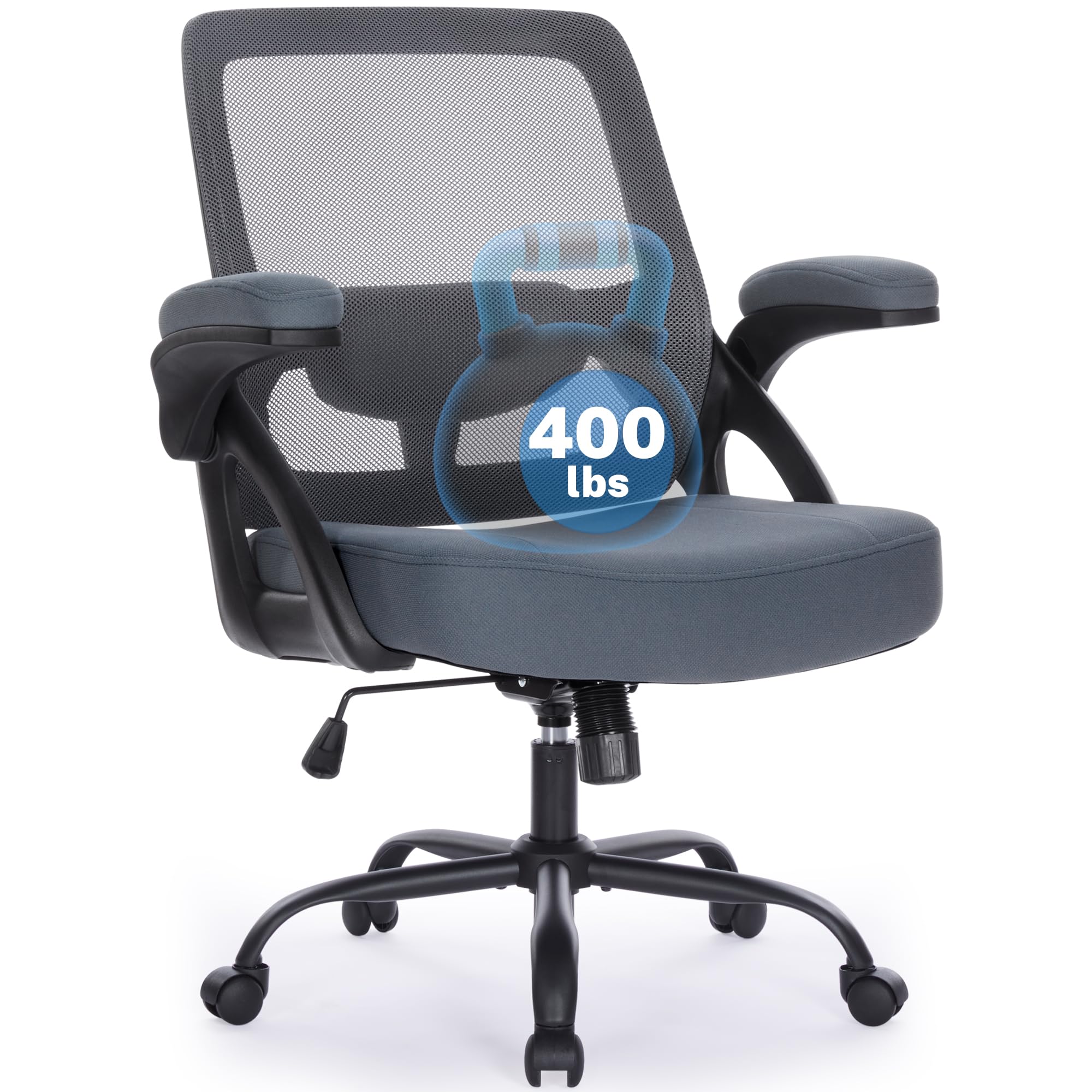 400lb Big and Tall Office Chair, Mesh Heavy Duty Desk Chair, Flip Arms Plus Size Ergonomic Computer Chair Extra Wide Seat, Executive Home Office Rolling Swivel Task Chairs for Heavy People