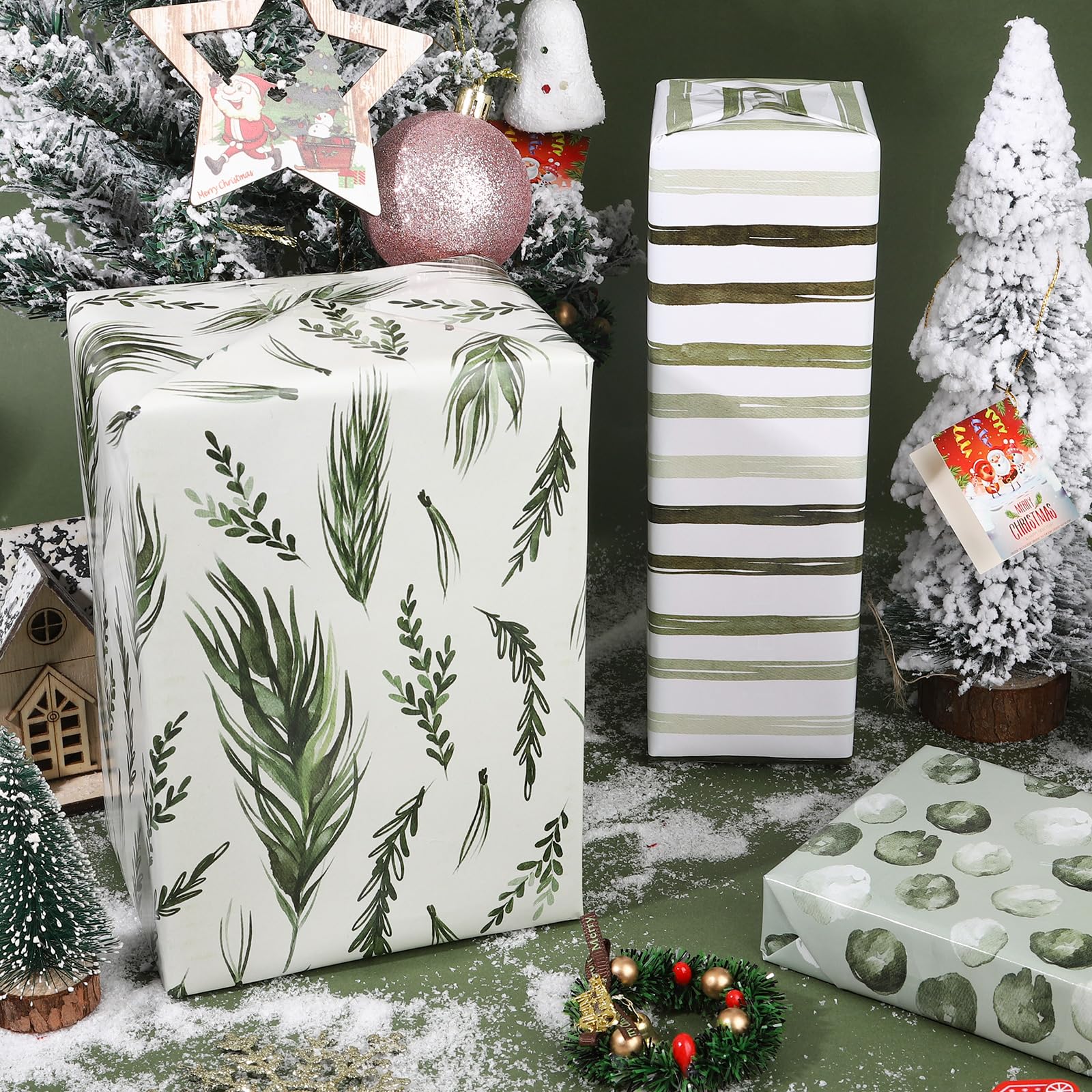 Vnaaem Forest Green Wrapping Paper - 6 Various Watercolor Woodland Reindeer Leaves and Tree Design Gift Wrap for Christmas Holiday Wedding Baby Shower Celebration - 20 X 28Inches Per Sheet(6 Pack)