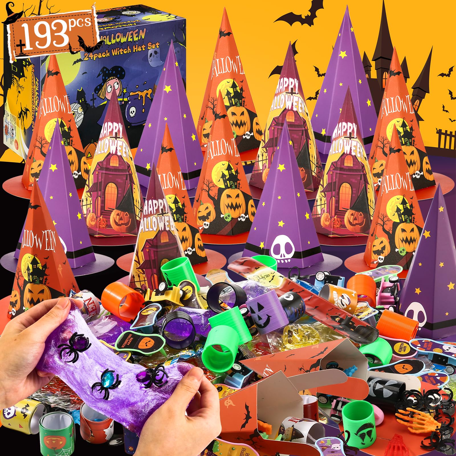 193 PCS Halloween Party Favors for Kids, Halloween Witch Hat Treats Bags Fillers with Halloween Toys and Slime, Bulk Toys for Halloween Goodie Bags Basket Stuffers, Gifts for Boys Girls