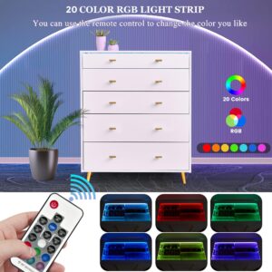 JanflyHome 5 Drawer Dresser for Bedroom Tall, Glass Dresser with 20 Colors LED Lights, Wardrobe Closet Island as Jewelry Organize, Jewelry Dresser Display, White