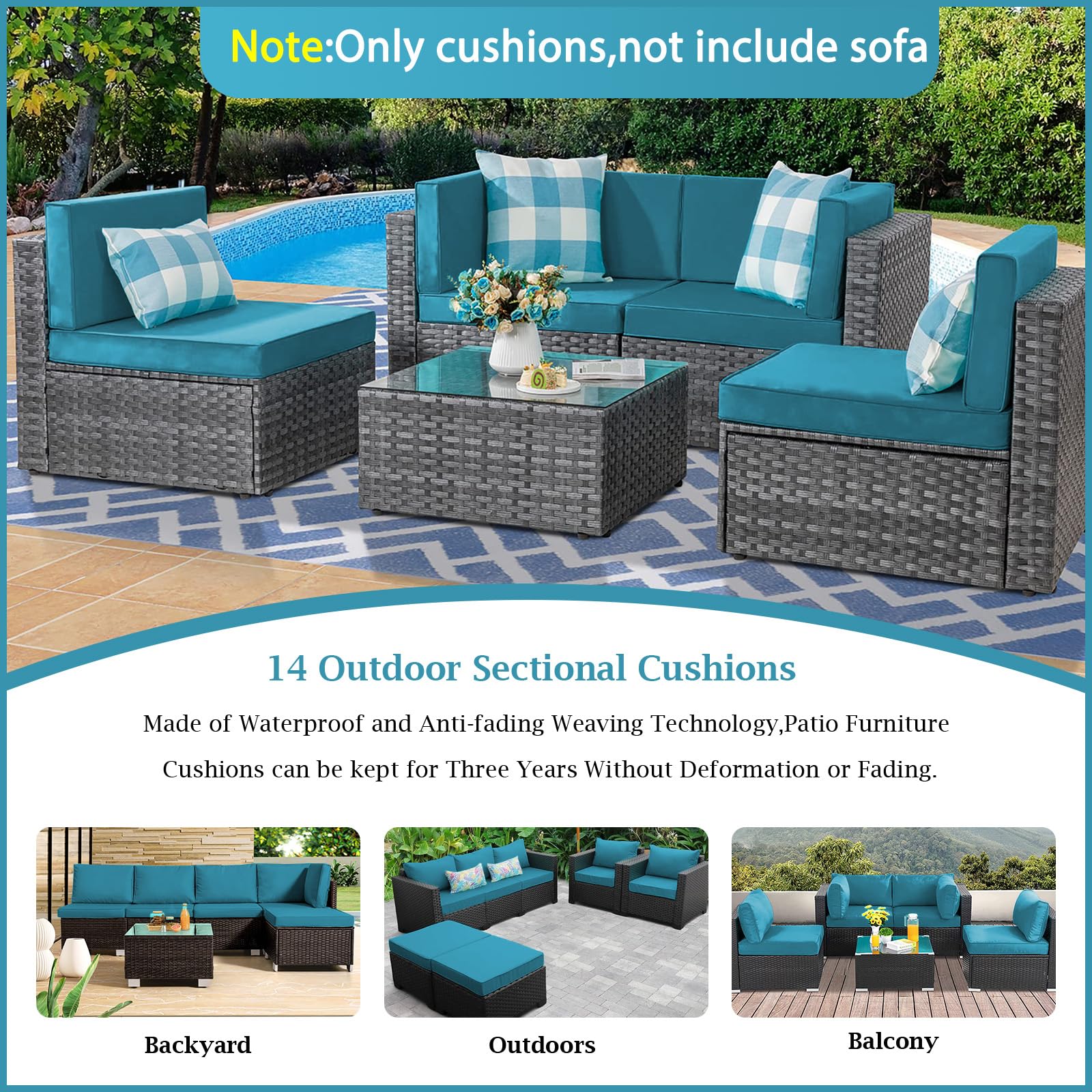 VKETU Outdoor Sectional Cushions, 14-Piece Sectional Rattan Conversation Set, 4" Deep Waterproof Patio Furniture Cushions Replacement for 6-Seat Sectional Patio Conversation Sets (Lake Blue)