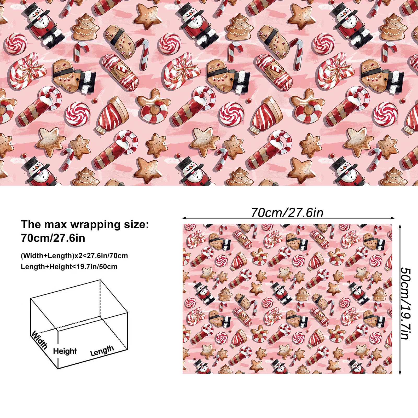 Vnaaem Pink Christmas Wrapping Paper with 4 Nutcracker Gingerbread Design for Christmas Holiday Party Celebration - 20 X 28Inches Per Sheet(8 Pack)