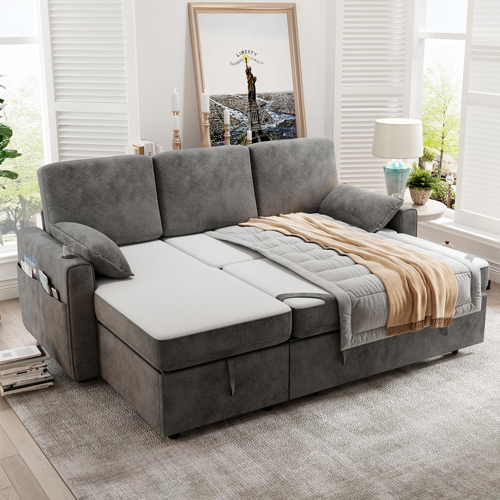 KKL Sofa Bed Couch with Storage Chaise, 85'' Pull Out Couch, Sleeper Sofa Couch with Pull Out Bed, Convertible Sectional Couch, Couch Bed Sofa Pull Out, Couches for Living Room, Chenille, Dark Grey