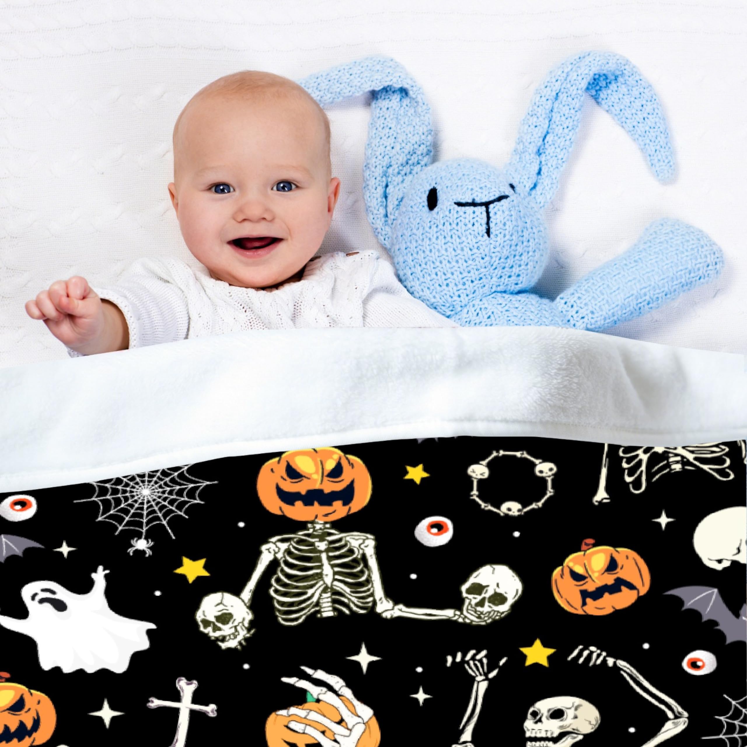 Skeleton Halloween Pumpkin Blanket Gifts for Kids Boys - Funny Skeleton Face Spooky Ghost Spider Webs Bats Halloween Birthday Party Favor Decorations - Super Cozy Flannel Sheet Sofa Decor - 40" X 30"