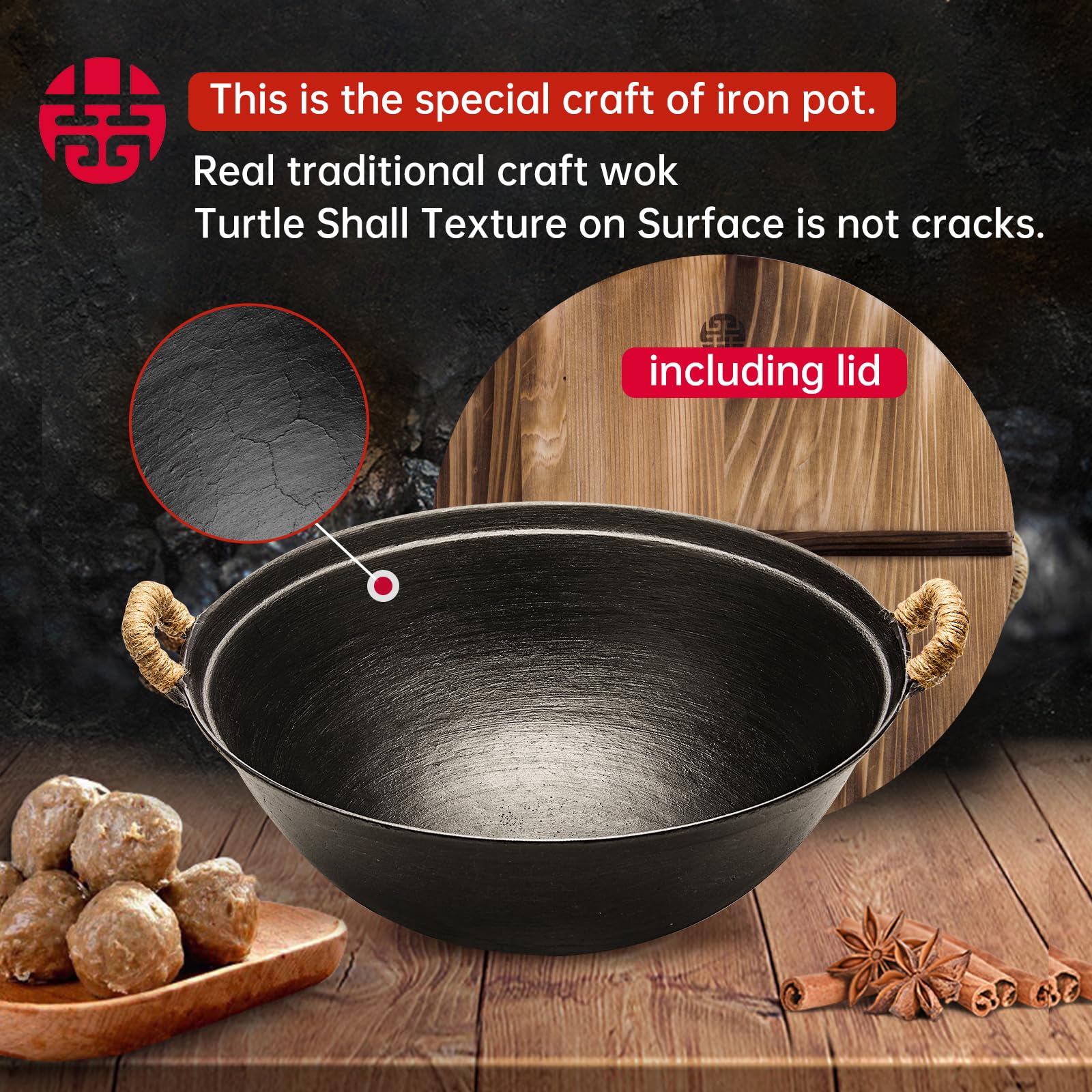 WANGYUANJI Handmade Cast Iron Wok 11.8",Small Round Bottom Wok for 1 Person with Dual Handle,Suitable for Gas Stoves,Uncoated Chinese Traditional wok with Round-bottom Woks