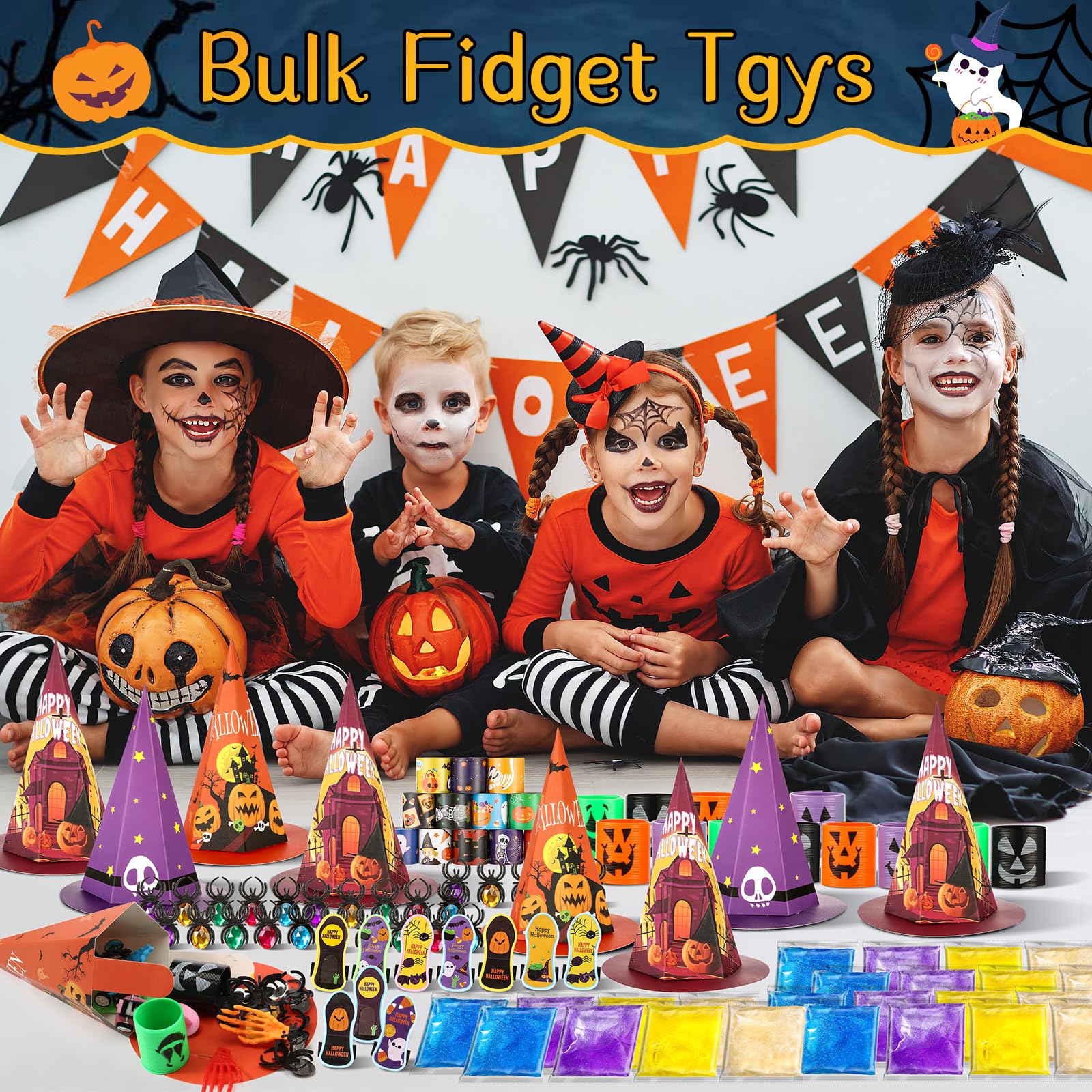 193 PCS Halloween Party Favors for Kids, Halloween Witch Hat Treats Bags Fillers with Halloween Toys and Slime, Bulk Toys for Halloween Goodie Bags Basket Stuffers, Gifts for Boys Girls