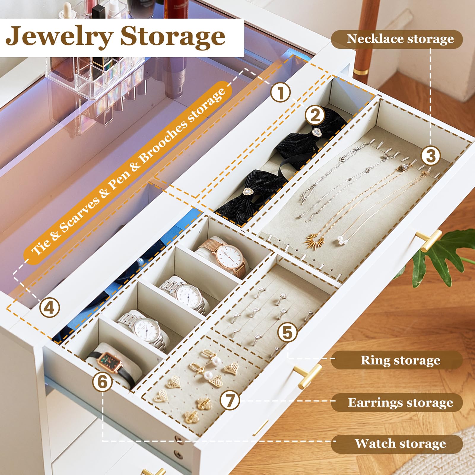 JanflyHome 5 Drawer Dresser for Bedroom Tall, Glass Dresser with 20 Colors LED Lights, Wardrobe Closet Island as Jewelry Organize, Jewelry Dresser Display, White