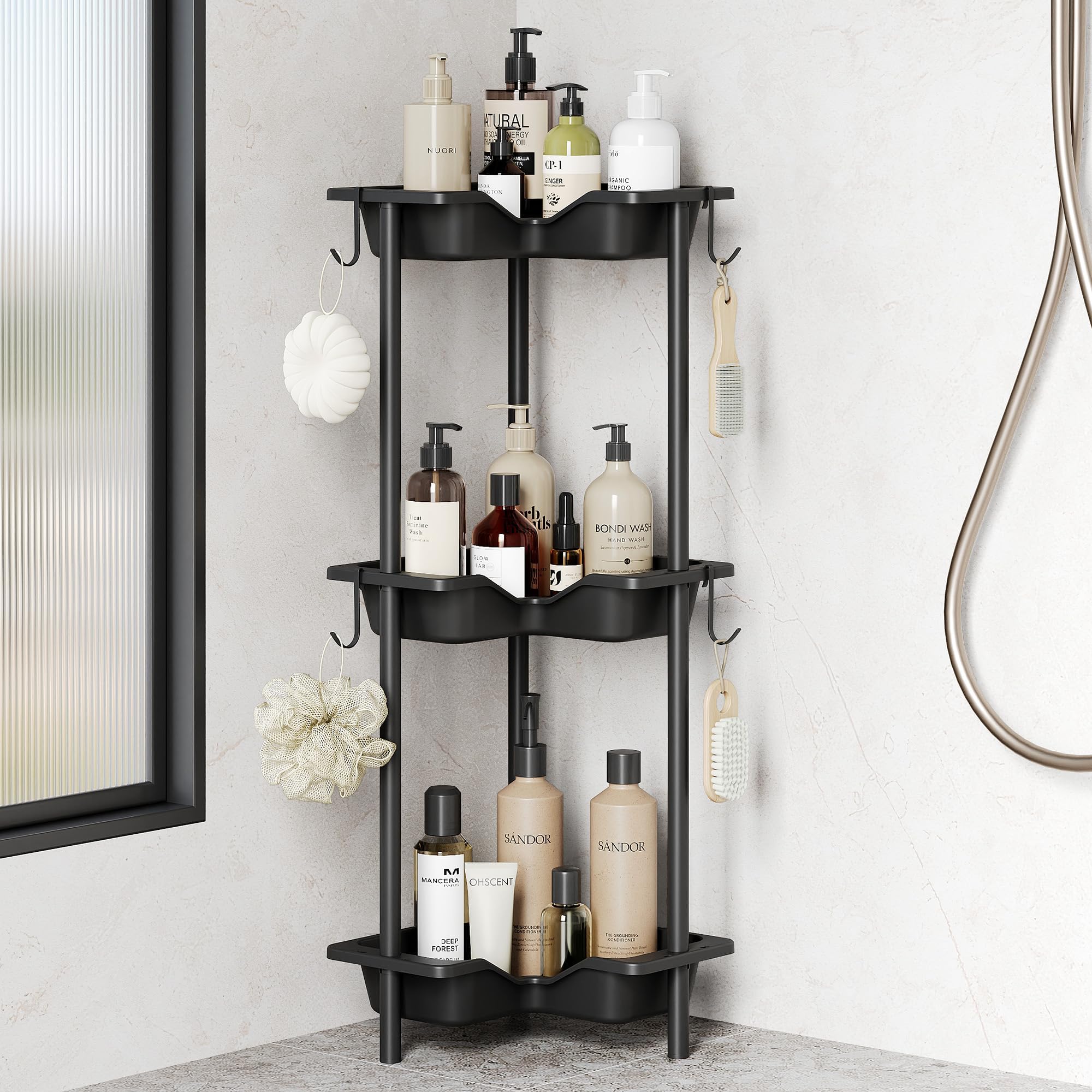 Nieifi Standing Shower Caddy, 3 Tier Floor Corner Shower Shelves for Bathroom Shampoo Organizer