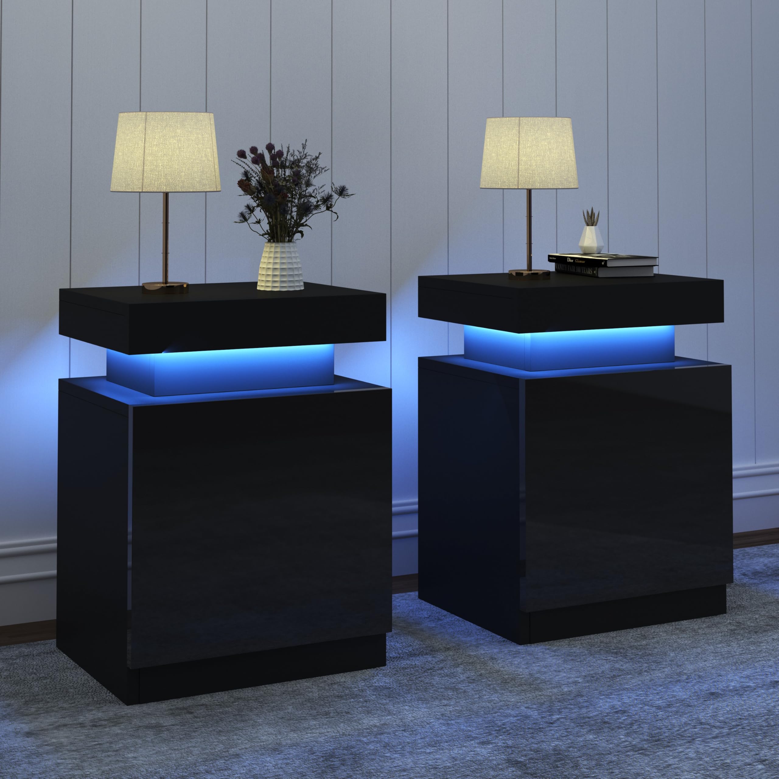 oneinmil Nightstand Set of 2, LED Nightstand with One Cabinet, Bedside Table with LED Lights, Modern End Side Table for Bedroom, Black