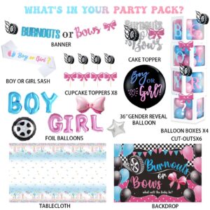 Fiesec Burnouts or Bows Gender Reveal Decorations, Baby Boy or Girl Gender Reveal Party Decorations, What Will the Baby Be Backdrop Balloon Banner Tablecloth Cake Cupcake Topper Box Sash Pink Blue