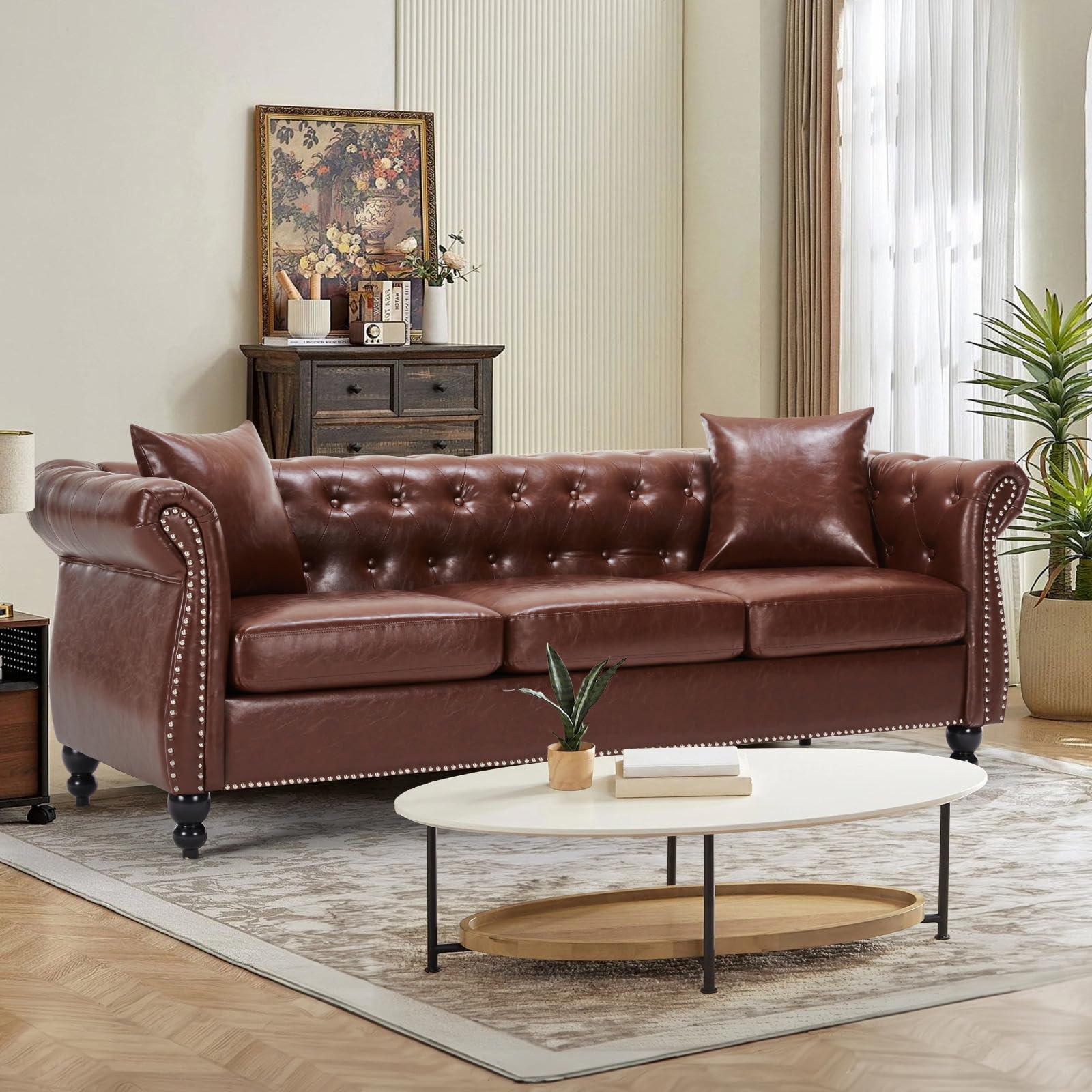 Chesterfield Sofa 83.4 " Faux Leather Couches with Gourd Wooden Legs, Deep Seat Comfy 3-Seater Upholstered Couch Button Nailhead Tufted Classic Couches for Living Room，Bedroom Easy to Assemble (Brown)