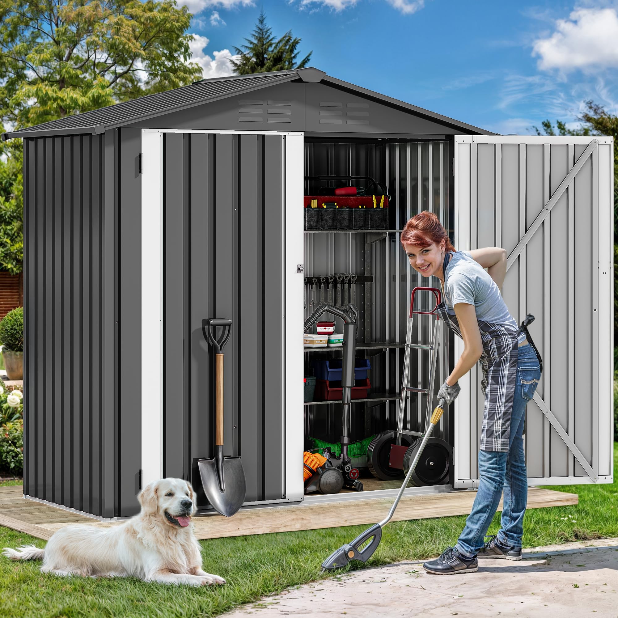 DWVO 5.6x3.2ft Metal Outdoor Storage Shed, Waterproof Tool Shed Heavy-Duty Storage Unit with Lockable Door and Vents, Ideal for Bicycles, Tools, Lawnmowers, Backyards, Patios, Lawns - Dark Gray