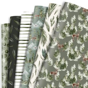 vnaaem forest green wrapping paper - 6 various watercolor woodland reindeer leaves and tree design gift wrap for christmas holiday wedding baby shower celebration - 20 x 28inches per sheet(6 pack)