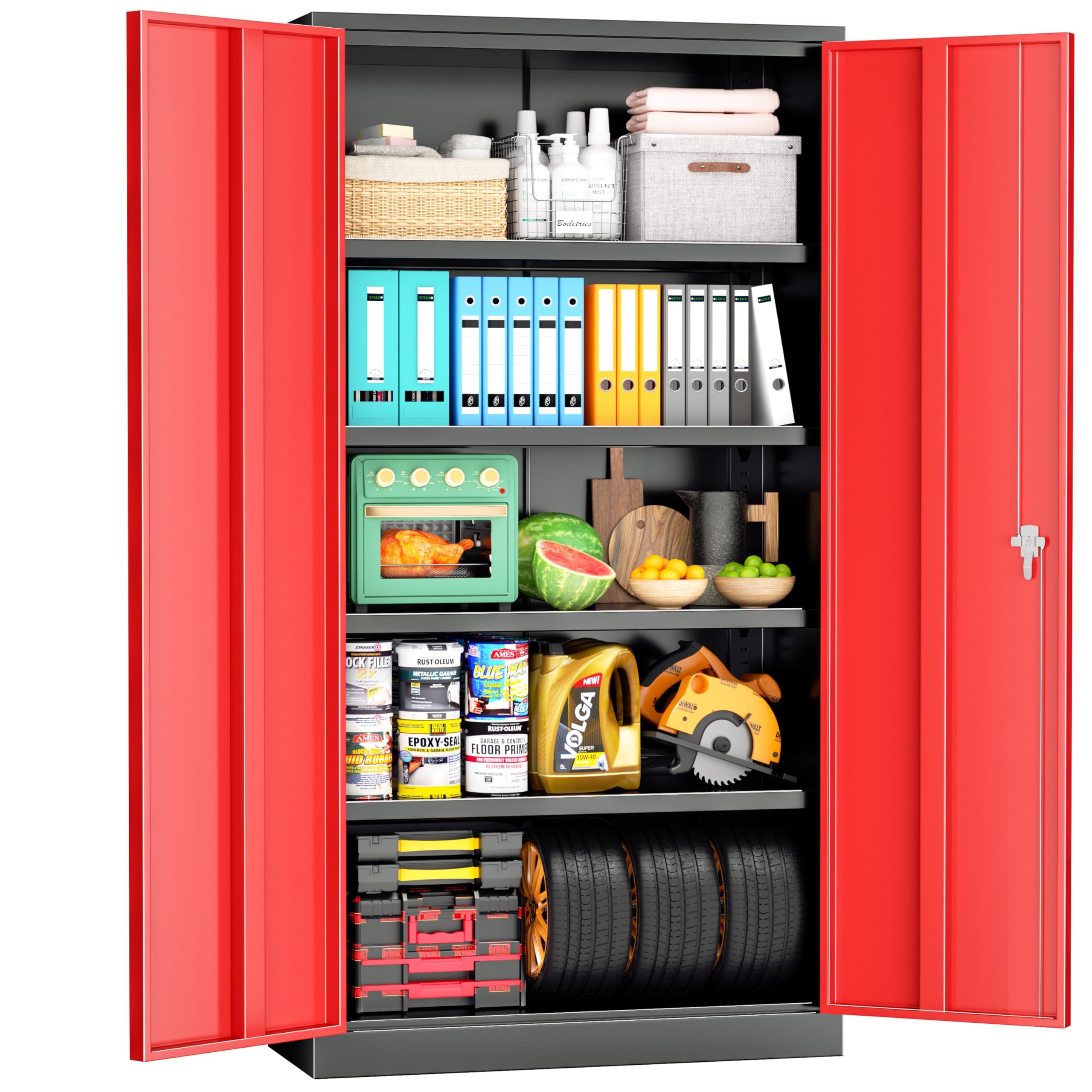 Pataku Metal Storage Cabinet, 72" Garage Cabinet with Doors and Shelves Lockable Steel Multifunctional Cabinet, Tool Cabinet for Garage, File Cabinet for Home, Office, Warehouse(Black Red)