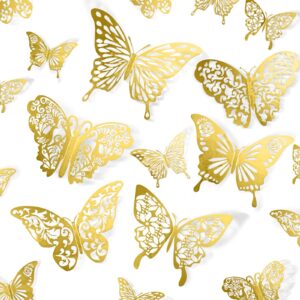 unigiftime butterfly decorations, 72 pcs 6 styles 3 sizes butterfly wall decor, butterfly party decorations, butterfly wall stickers 3d wall art for room decor birthday baby shower (gold)