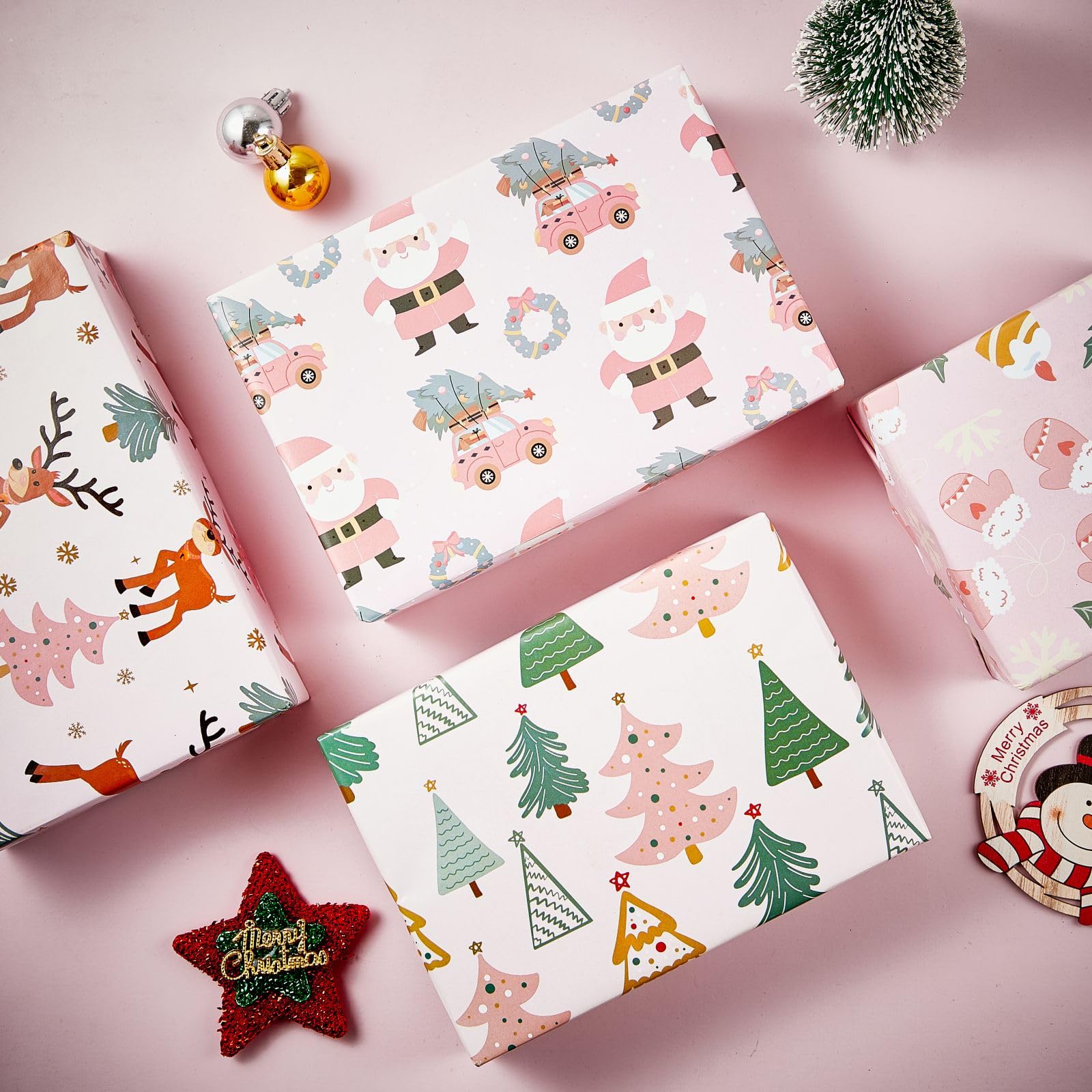 Vnaaem Pink Christmas Wrapping Paper for Boys Girls Kids - Cute Xmas Gift Wrap With Santa Christmas Tree Reindeer Design for Christmas Holiday Party Celebration - 20 X 28Inches Per Sheet(8 Pack)