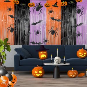 Halloween Party Decorations, 2 Pack Orange Purple Black Tinsel Foil Fringe Curtains, 3.3 x 6.6 FT Halloween Photo Booth Props,36 Pcs PVC Bat Spider Stickers Decals for Halloween Backdrop