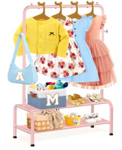 kids clothing rack - kids dress up clothes storage racks - dress up rack for little girls - small kids costume wardrobe rack with 2 fabric floors storage shelf - mini short kids clothing garment rack