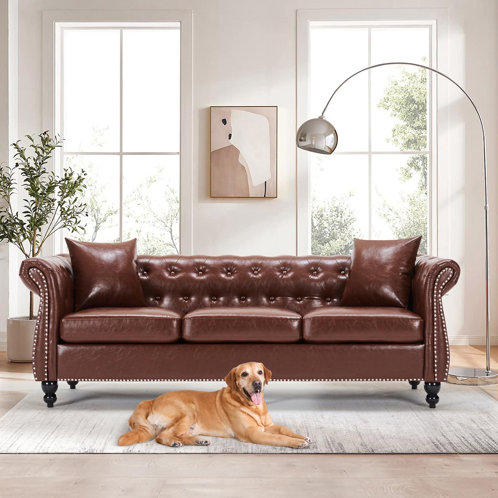 Chesterfield Sofa 83.4 " Faux Leather Couches with Gourd Wooden Legs, Deep Seat Comfy 3-Seater Upholstered Couch Button Nailhead Tufted Classic Couches for Living Room，Bedroom Easy to Assemble (Brown)