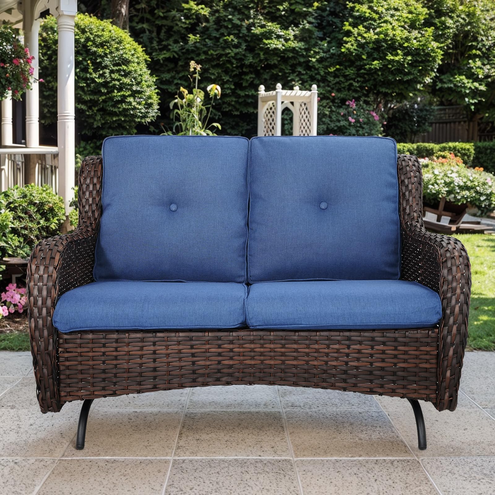 Bellefurn Patio Loveseat Wicker Loveseat Rattan Glider Sofa with Curved Armrest Thicking Back & Seat Cushions for Garden Balcony Backyard Brown Wicker|Blue Cushions (A) Patio Loveseat Glider