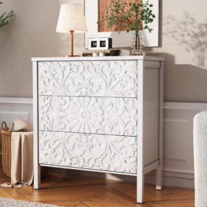 phoyal 3-drawer dresser chest, modern wooden flower motif dresser with wide storage space chest of drawers bedside nightstand dresser closet for living room bedroom, hallway (white)