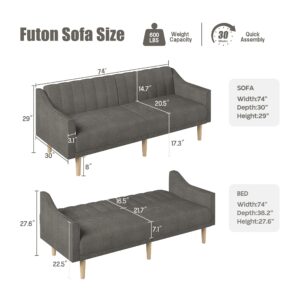 Velvet Futon Sofa Bed Couch, 74" Grey Convertible Sleeper Sofa, Loveseat Futon Couch with Adjustable Backrests, Couches for Living Room Bedroom Apartment