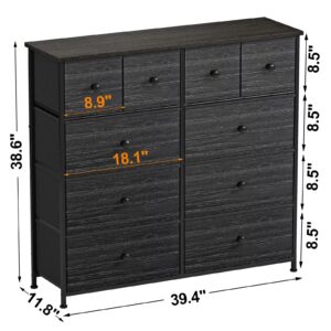 REAHOME 10 Drawer Dresser for Bedroom Fabric Storage Tower Wide Black Dresser with Wood Top Sturdy Steel Frame Storage Organizer Unit for Living Room Hallway Entryway Closets Nursery (Charcoal Black)