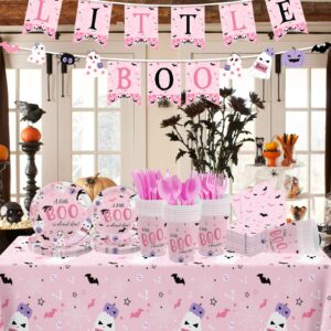 MEHOFOND Pink Halloween Baby Shower Decorations for Girl, Little Boo Disposable Dinnerware with Banner, Ghost Bat Pumpkin Baby Shower Plates and Napkins Set, Paper Plates Cups Party Supplies, Serve 24