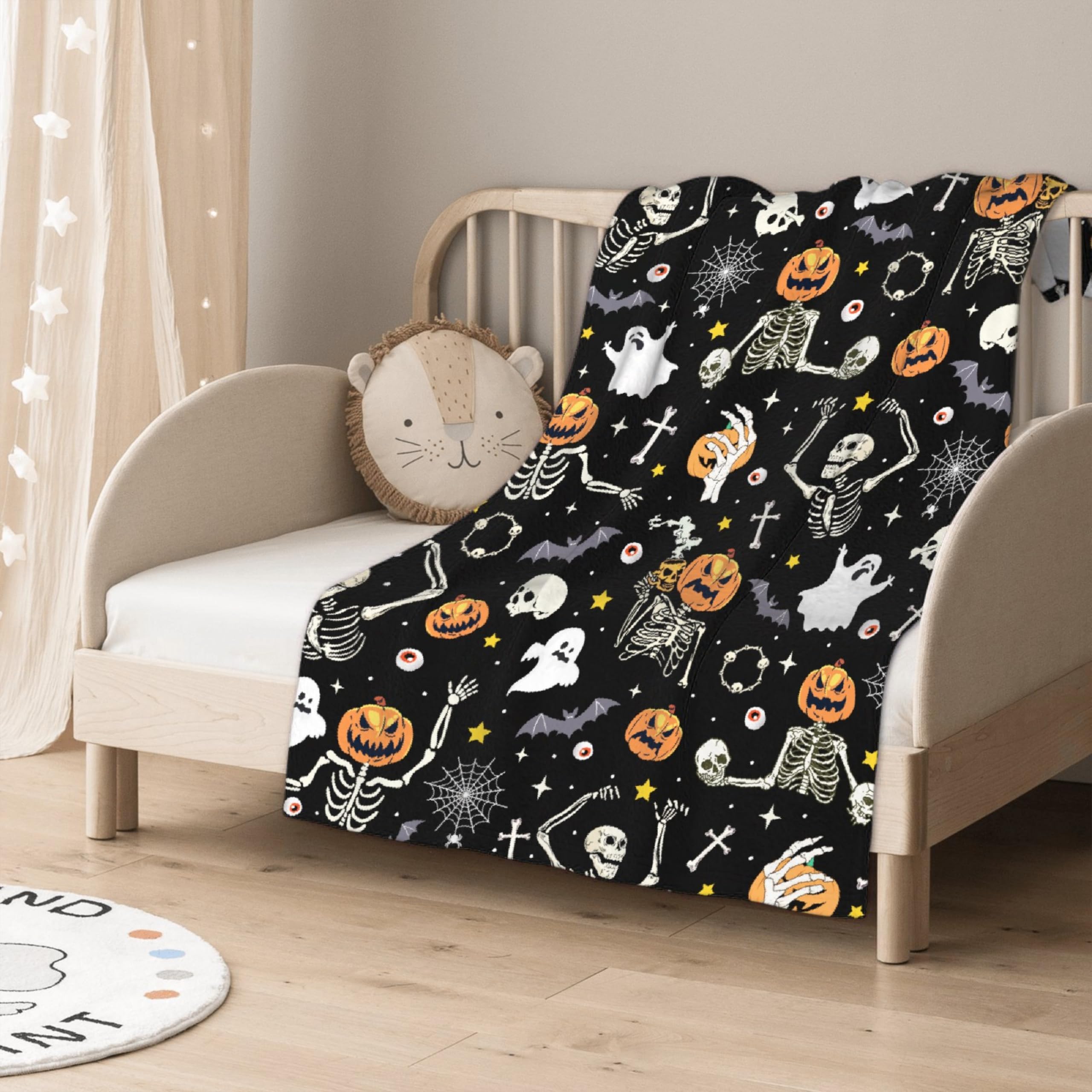 Skeleton Halloween Pumpkin Blanket Gifts for Kids Boys - Funny Skeleton Face Spooky Ghost Spider Webs Bats Halloween Birthday Party Favor Decorations - Super Cozy Flannel Sheet Sofa Decor - 40" X 30"