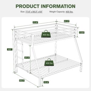 MUTICOR Modern Twin Over Full Metal Loft Bed with Ladder for Junior & Adults, Space-Saving Bunk Bed Frame, Sturdy & Durable, Ideal for Bedrooms, Dorms, and Guest Rooms, White