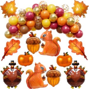 Wecepar Fall Thanksgiving Balloons 12 Inch Orange Gold Confetti Balloons with Turkey Squirrel Maple Leaves Pumpkin Foil Balloons for Fall Thanksgiving Pumpkin Autumn Harvest Party Decorations