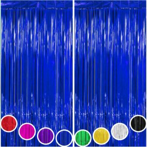 blue foil fringe curtain tinsel backdrop for party, foil fringe curtains for birthday graduation paw patrol birthday party backdrop decorations, 2 pack 3.2x 8.2ft