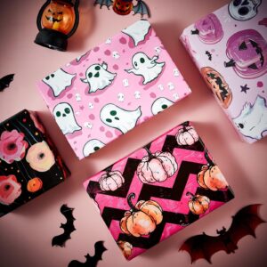 Vnaaem Pink Halloween Wrapping Paper with Ghost Pumpkin Skeleton Patterns Folded Flat Art Paper for DIY Crafts Trick or Treat Birthday Party - 20 X 28Inches Per Sheet(8 Pack)