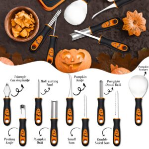 CNhoqc Halloween Pumpkin Carving Tools Set, Stainless Steel Carving Pumpkin Knife Kits with 10pcs Pumpkin Funny Face Stencils, 2pcs Disposable Pumpkin Theme Tablecloths for Fall Halloween Party Decor