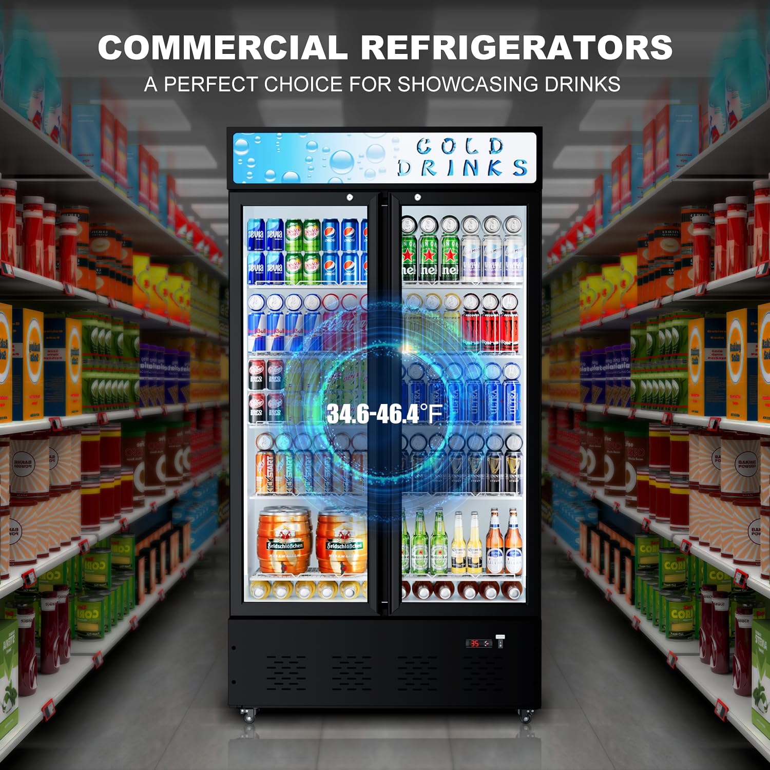 ECEVT 30 Cu.ft. Commercial Beverage Refrigerators Glass Door Refrigerator Upright Display Cooler with Soft LED Light and Adjustable Shelves for Restaurant Grocery Stores Home, Black