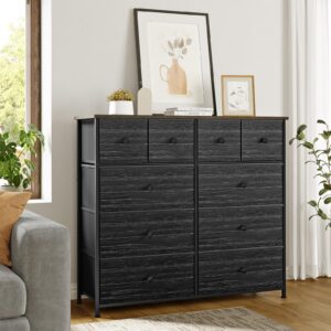 REAHOME 10 Drawer Dresser for Bedroom Fabric Storage Tower Wide Black Dresser with Wood Top Sturdy Steel Frame Storage Organizer Unit for Living Room Hallway Entryway Closets Nursery (Charcoal Black)