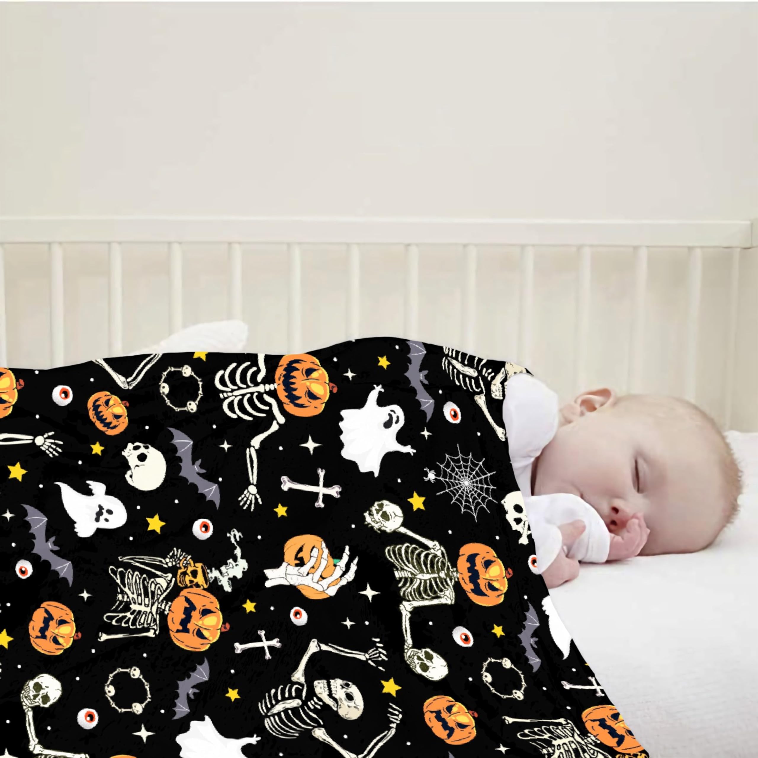 Skeleton Halloween Pumpkin Blanket Gifts for Kids Boys - Funny Skeleton Face Spooky Ghost Spider Webs Bats Halloween Birthday Party Favor Decorations - Super Cozy Flannel Sheet Sofa Decor - 40" X 30"