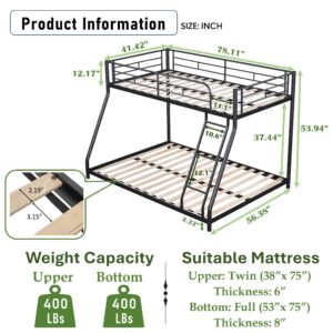 UOCFYK Twin Over Full Size Bunk Bed with Wood Slats & Ladder for Dorm, Bedroom, Apartment, Sturdy Bedframe w/Guardrail, Easy to Assemble, No Box Spring Needed, Black