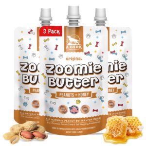 zoomie butter original all natural dog peanut butter squeeze. human grade, healthy dog treat/dog food. peanuts & honey for puppy training, behavior aid, pet enrichment toys, grown & made in usa